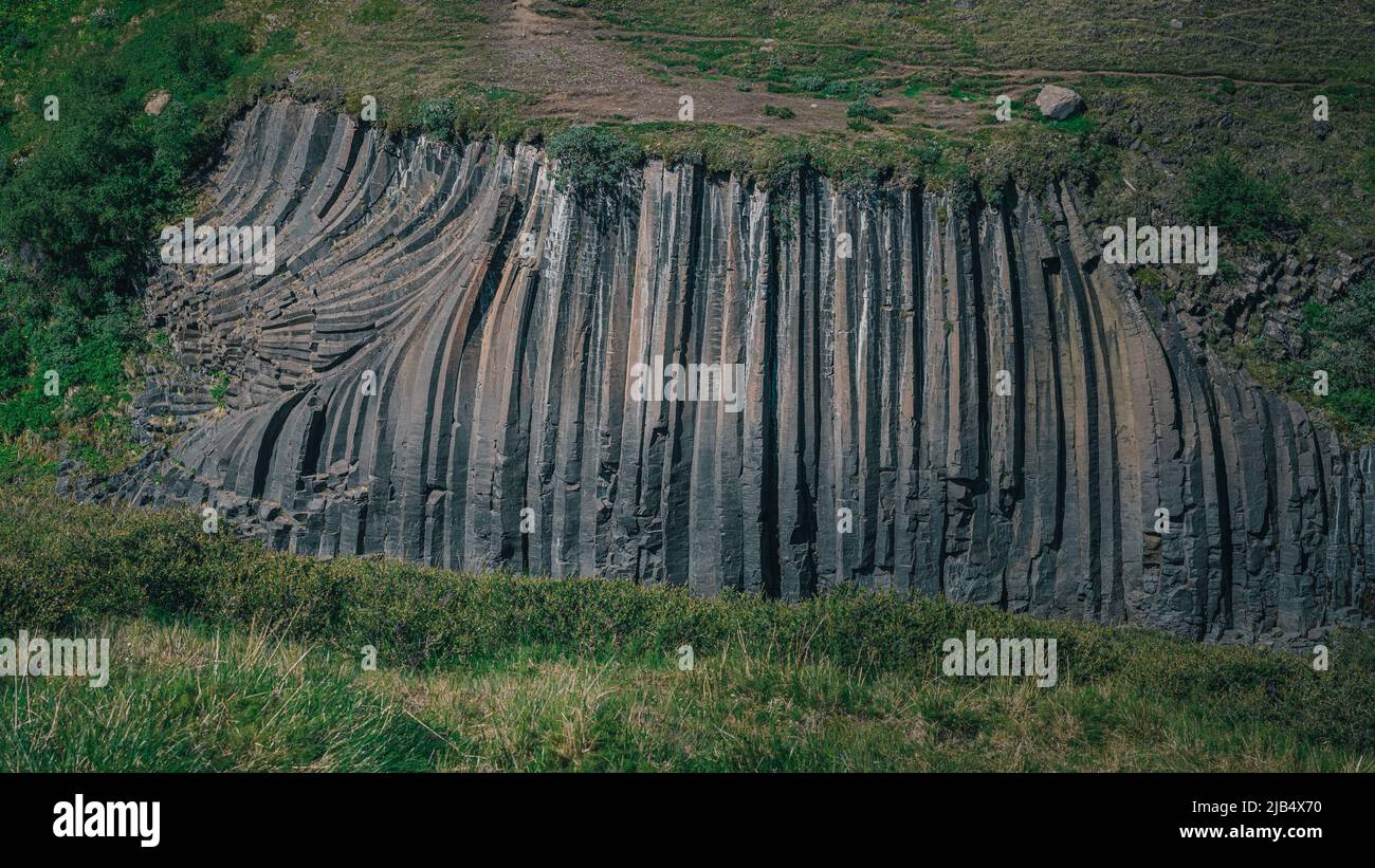 Aerial drone panorama of studlagil canyon in Iceland, picturesque valley with basalt columns ...