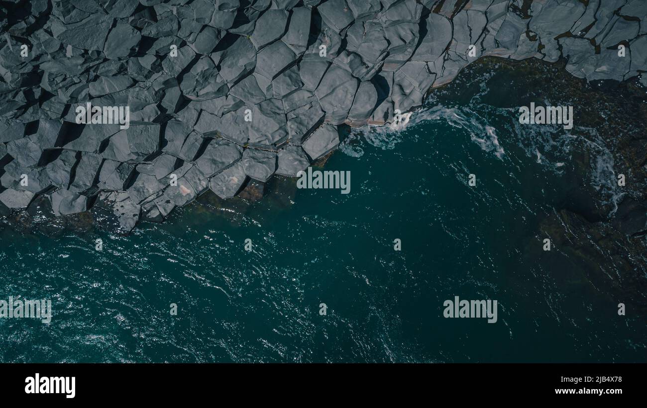 Aerial drone panorama of studlagil canyon in Iceland, picturesque valley with basalt columns ...