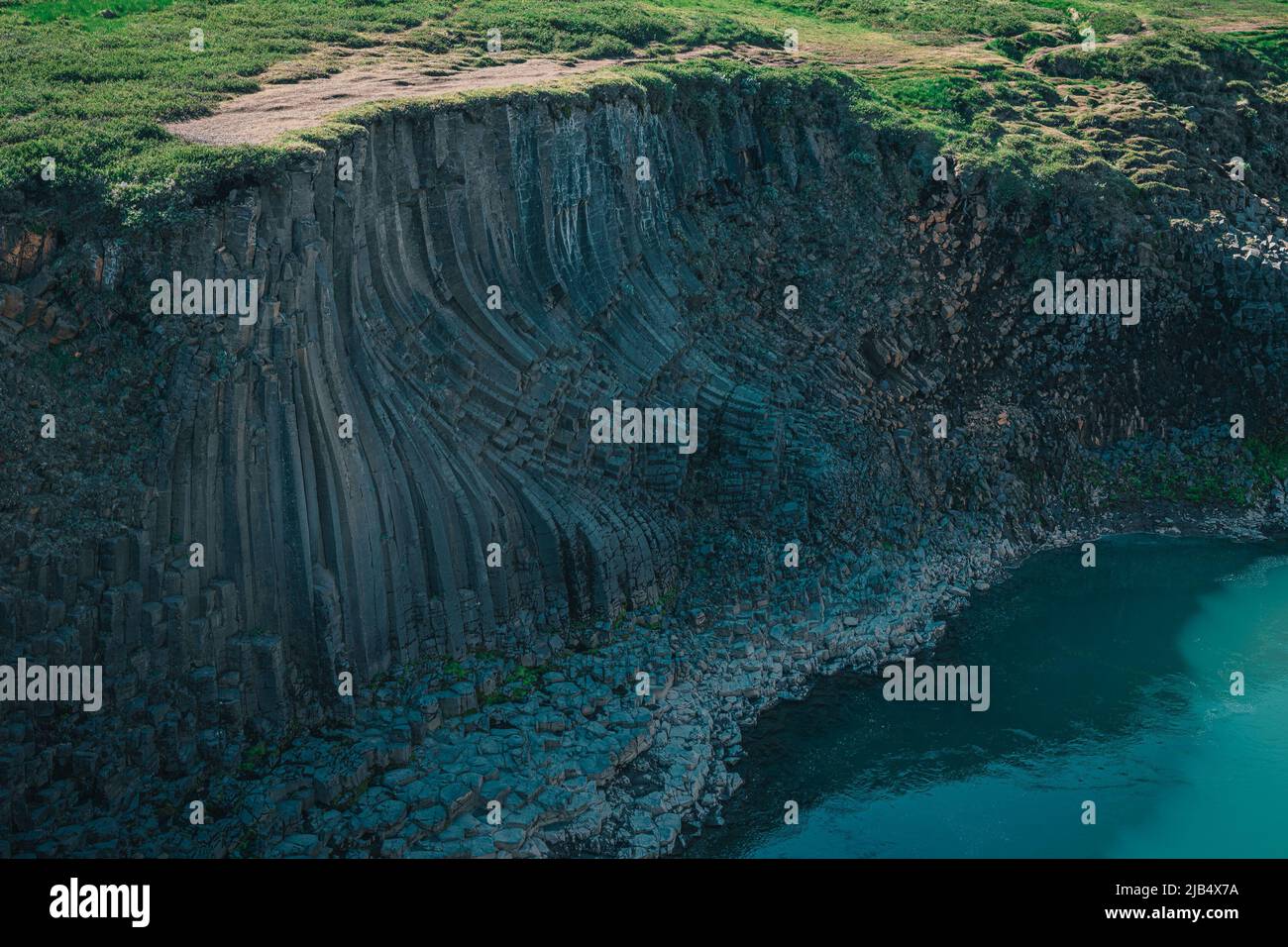 Aerial drone panorama of studlagil canyon in Iceland, picturesque valley with basalt columns ...