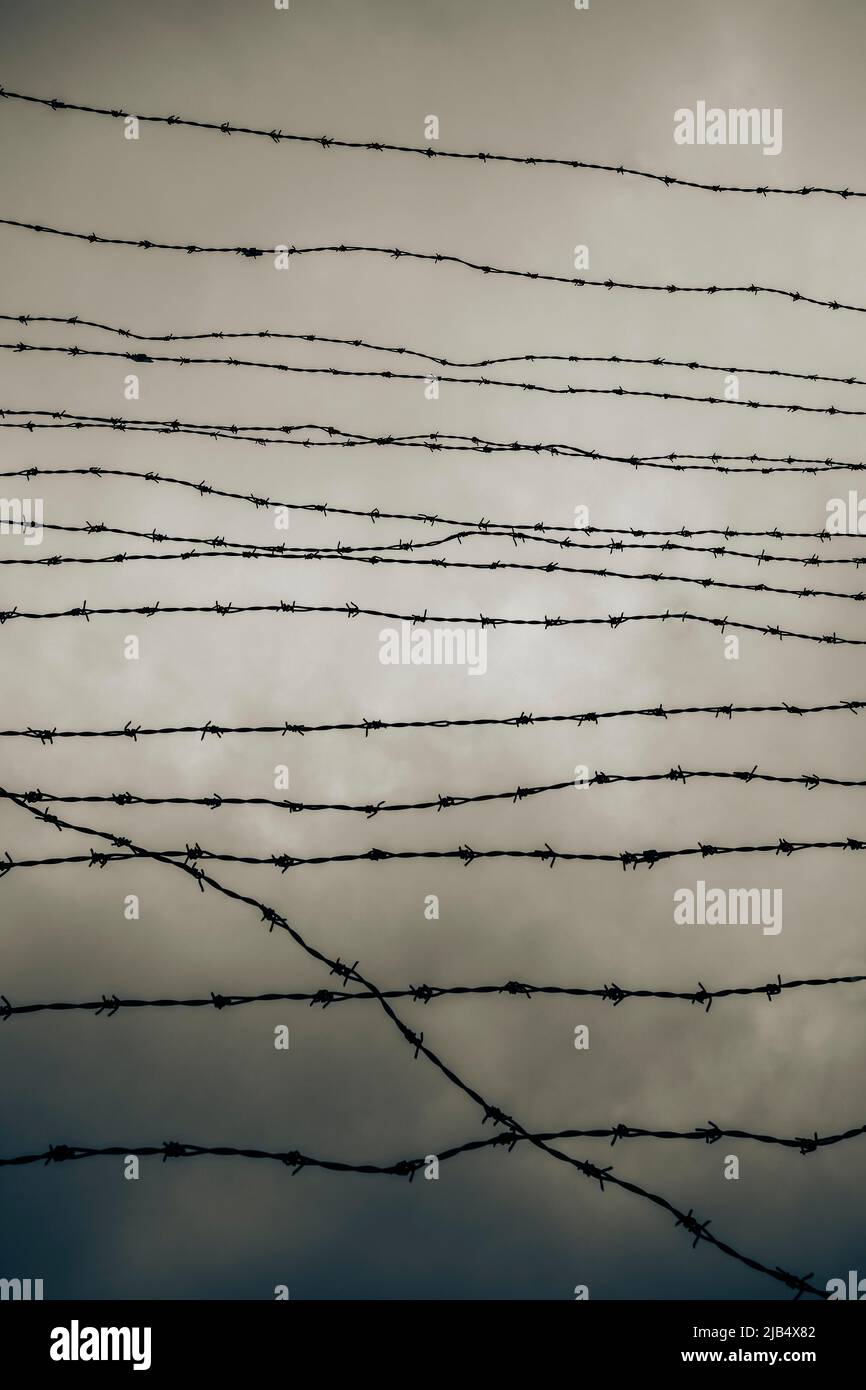 Sepia colours, barbed wire fence at the Iron Curtain Memorial at the ...