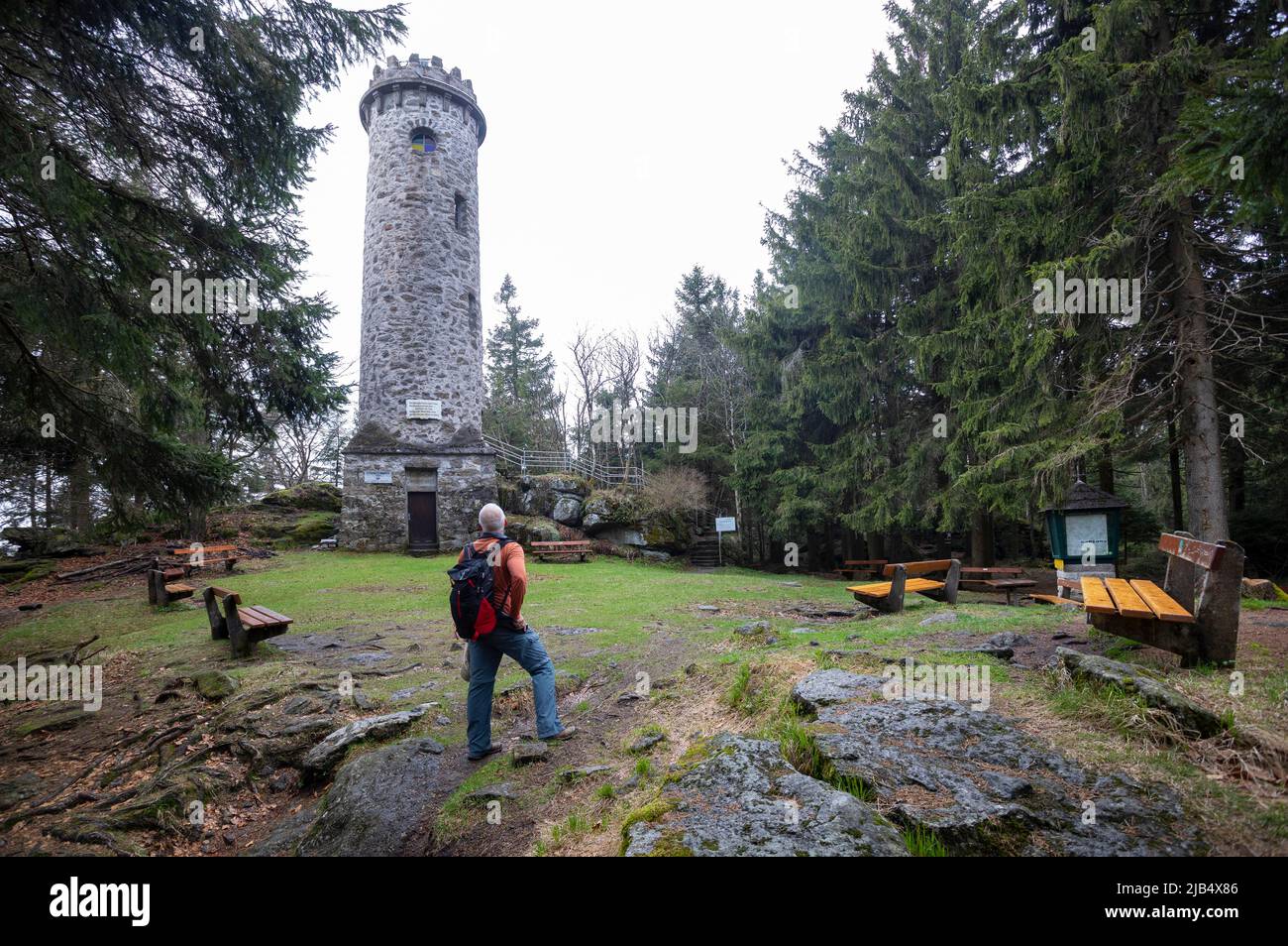 Sternstein 1125 m, hiker standing in front of the Sternsteinwarte ...