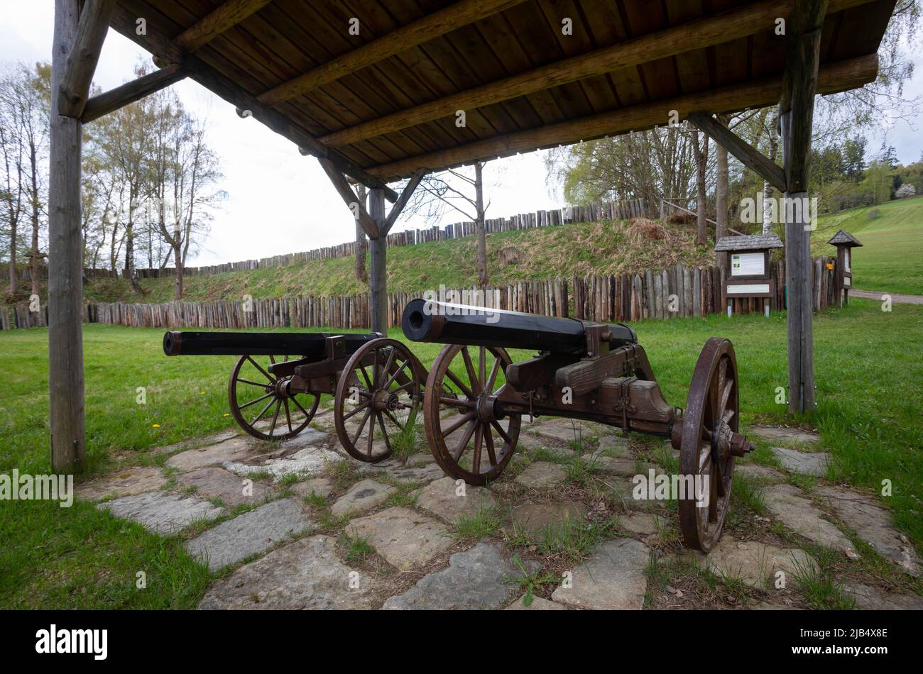 Open-air museum, palisades with two cannons, Schwedenschanze near ...