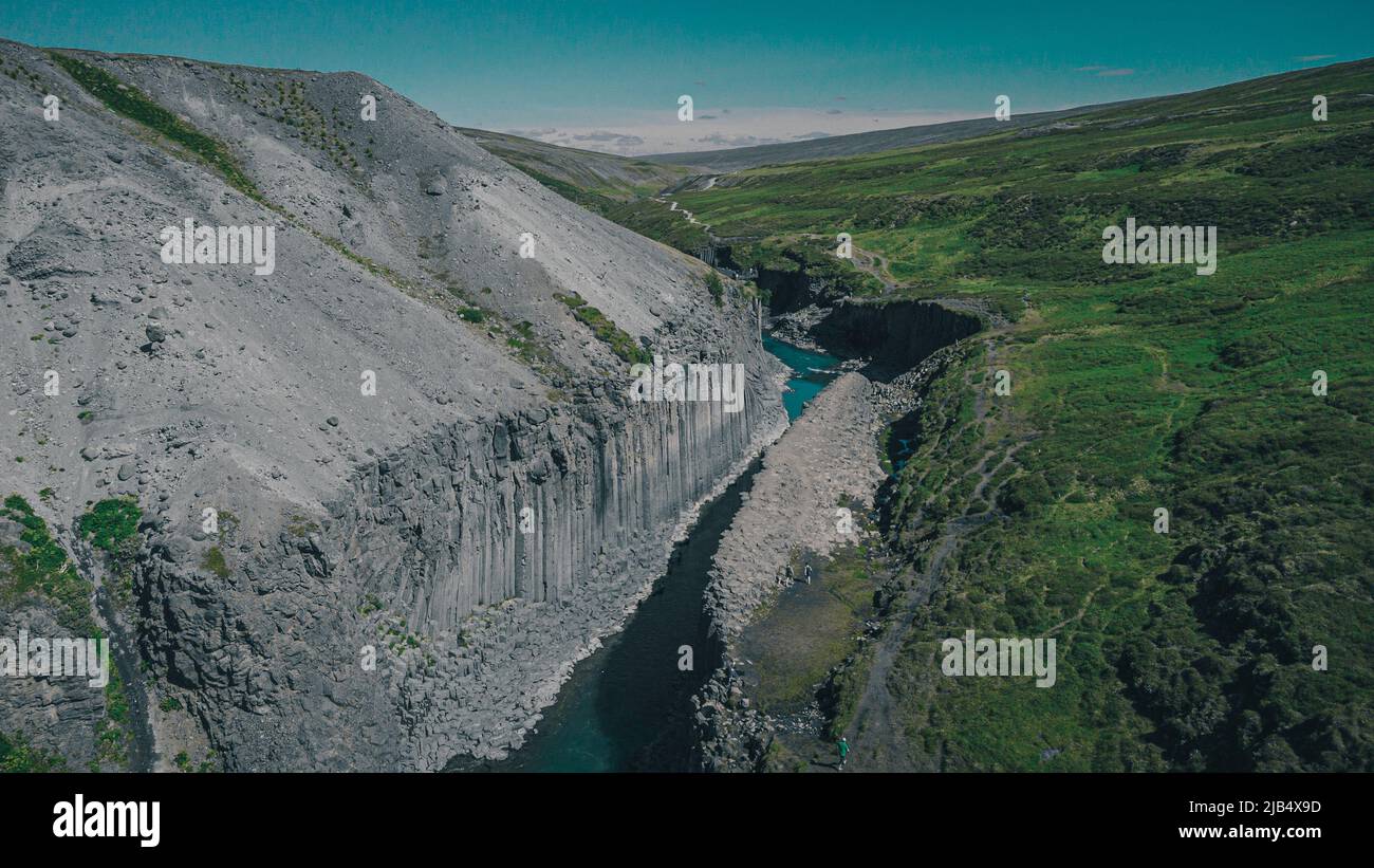 Aerial drone panorama of studlagil canyon in Iceland, picturesque valley with basalt columns ...