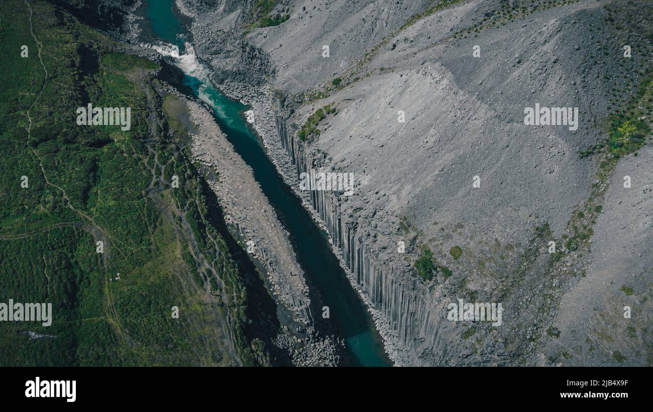 Aerial drone panorama of studlagil canyon in Iceland, picturesque valley with basalt columns ...