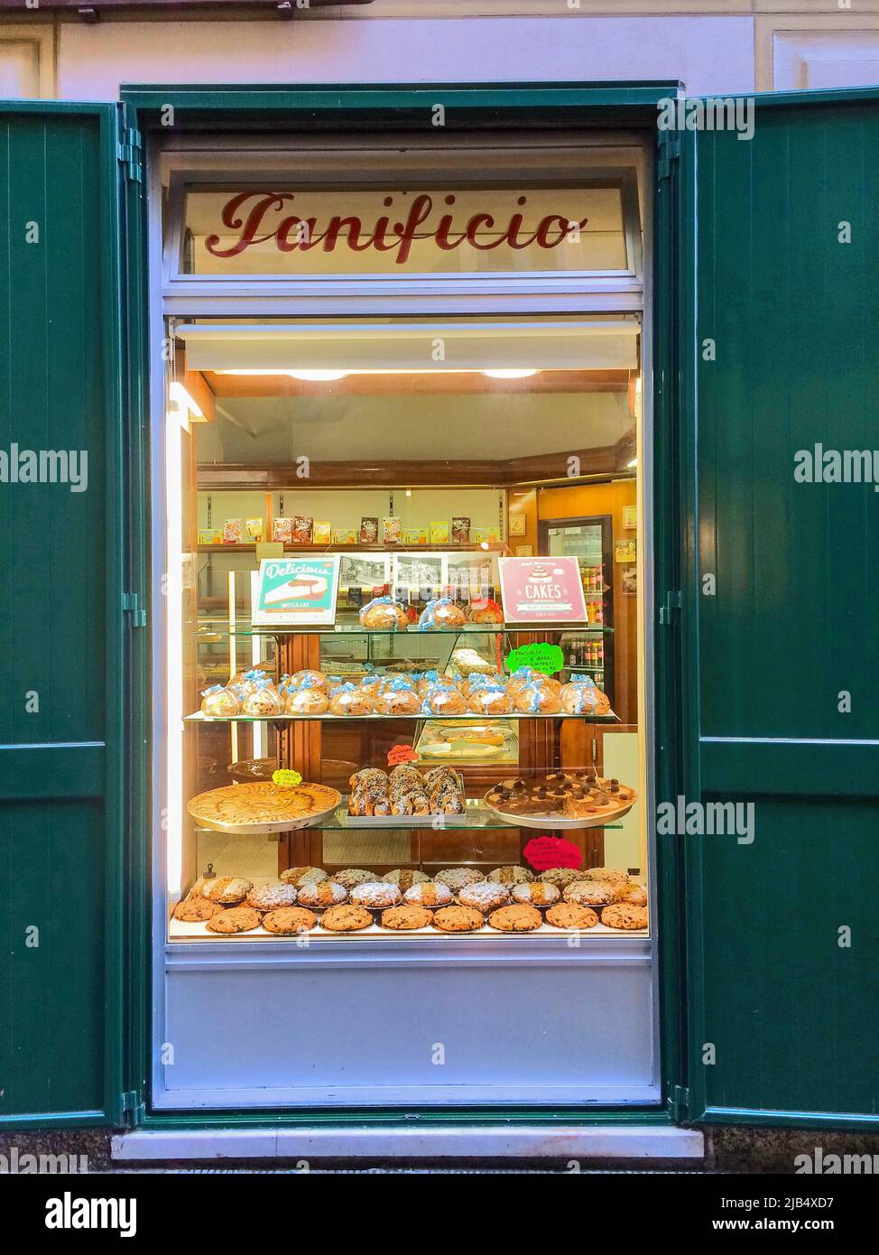Shop window with typical Italian bakery products from Italian bakery ...