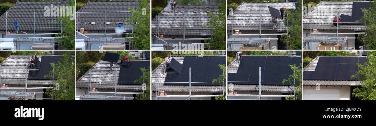 Workflow of an installation of photovoltaic panels on a garage roof ...