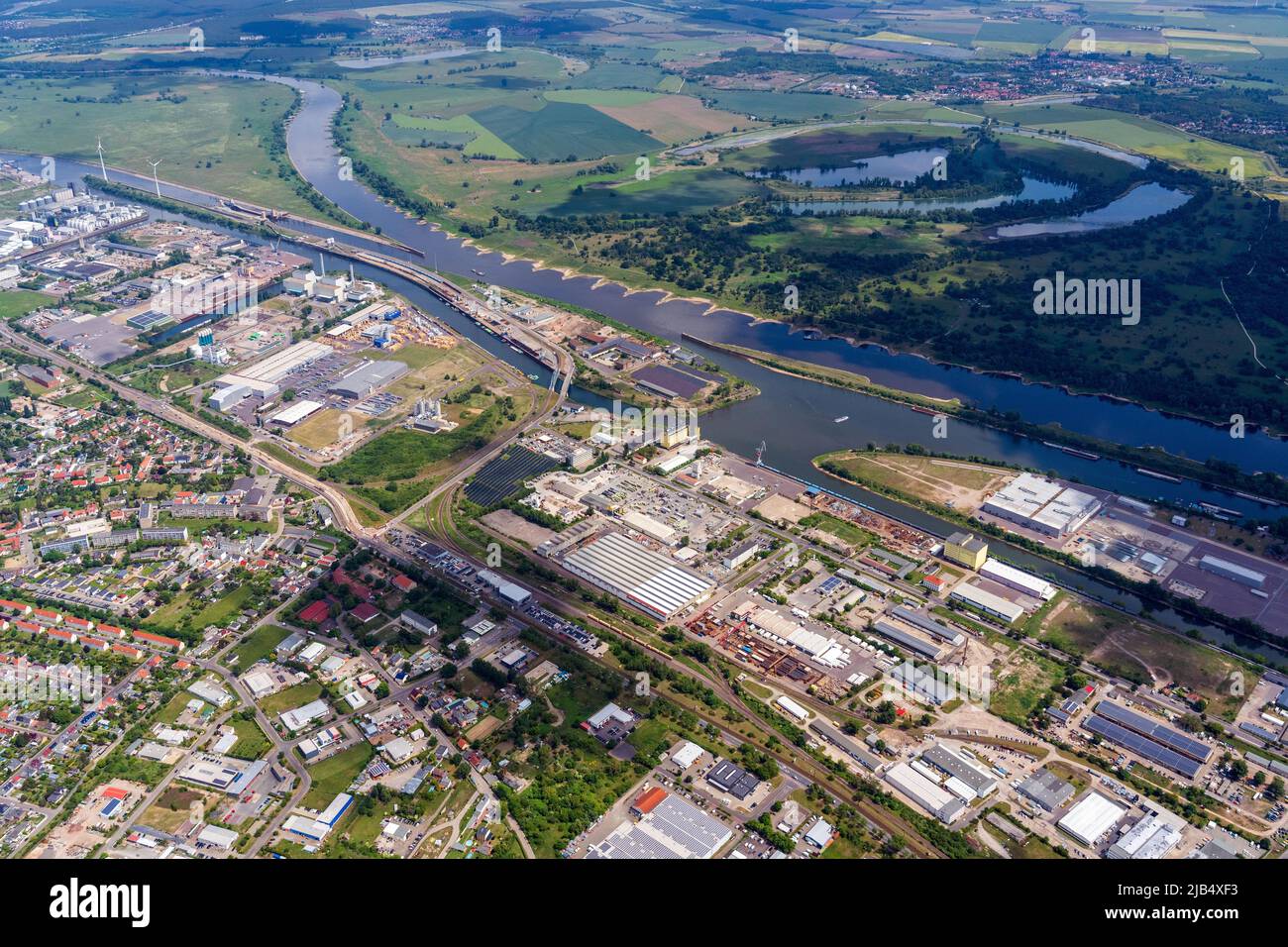 Aerial view of Magdeburg harbour, Elbe, canal, lock, waterway junction ...