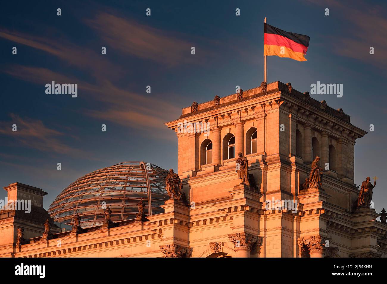 Germany flag on the Reichstag, in the first morning light, Berlin ...
