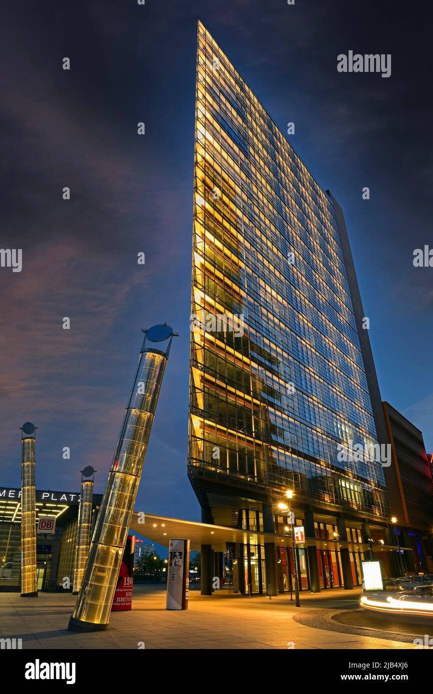 Striking building of the Daimler Benz area in the evening at Potsdamer ...