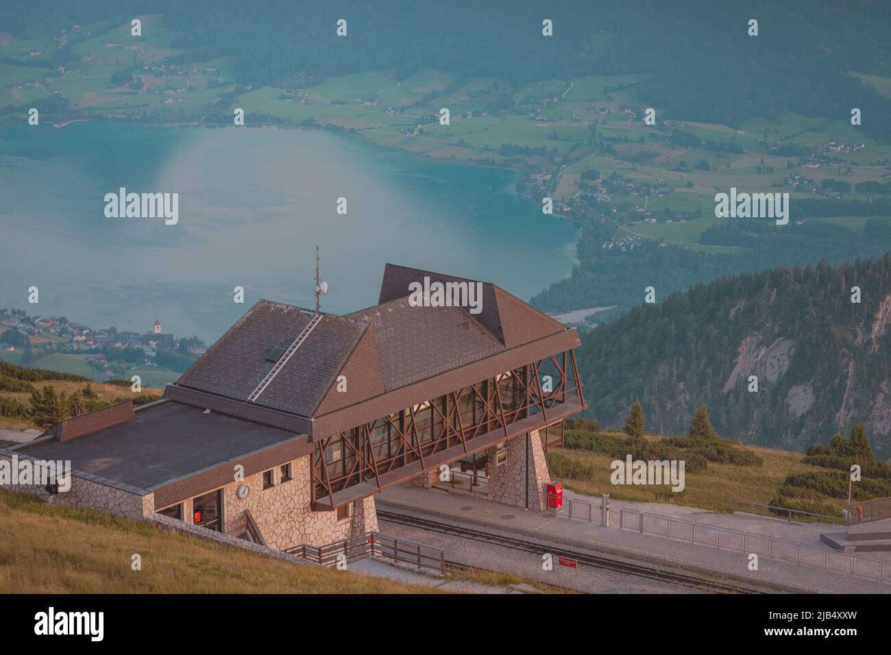 Upper terminus station of narrow cog railway on the schafberg mountain ...