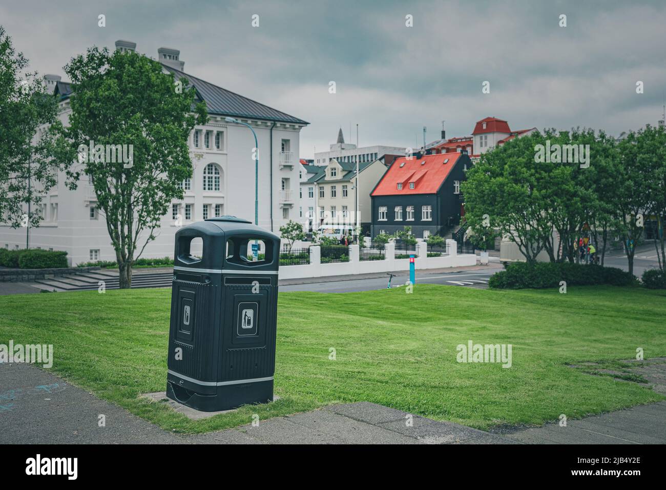 Plastic trash or garbage bin in the centre of Reykjavik, iceland on a ...