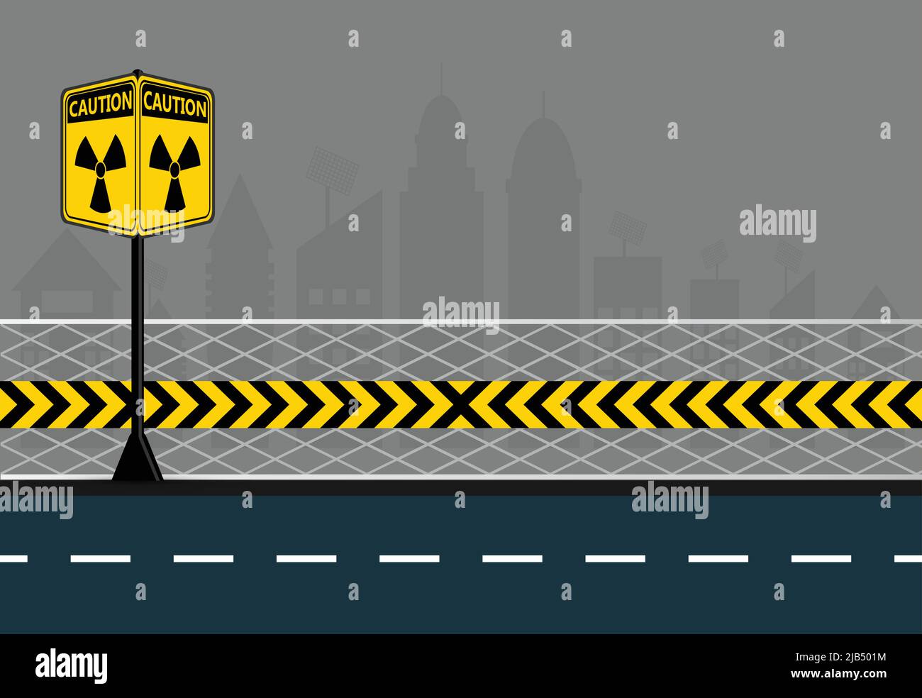 Poles warning yellow of the danger of radiation on city streets ...