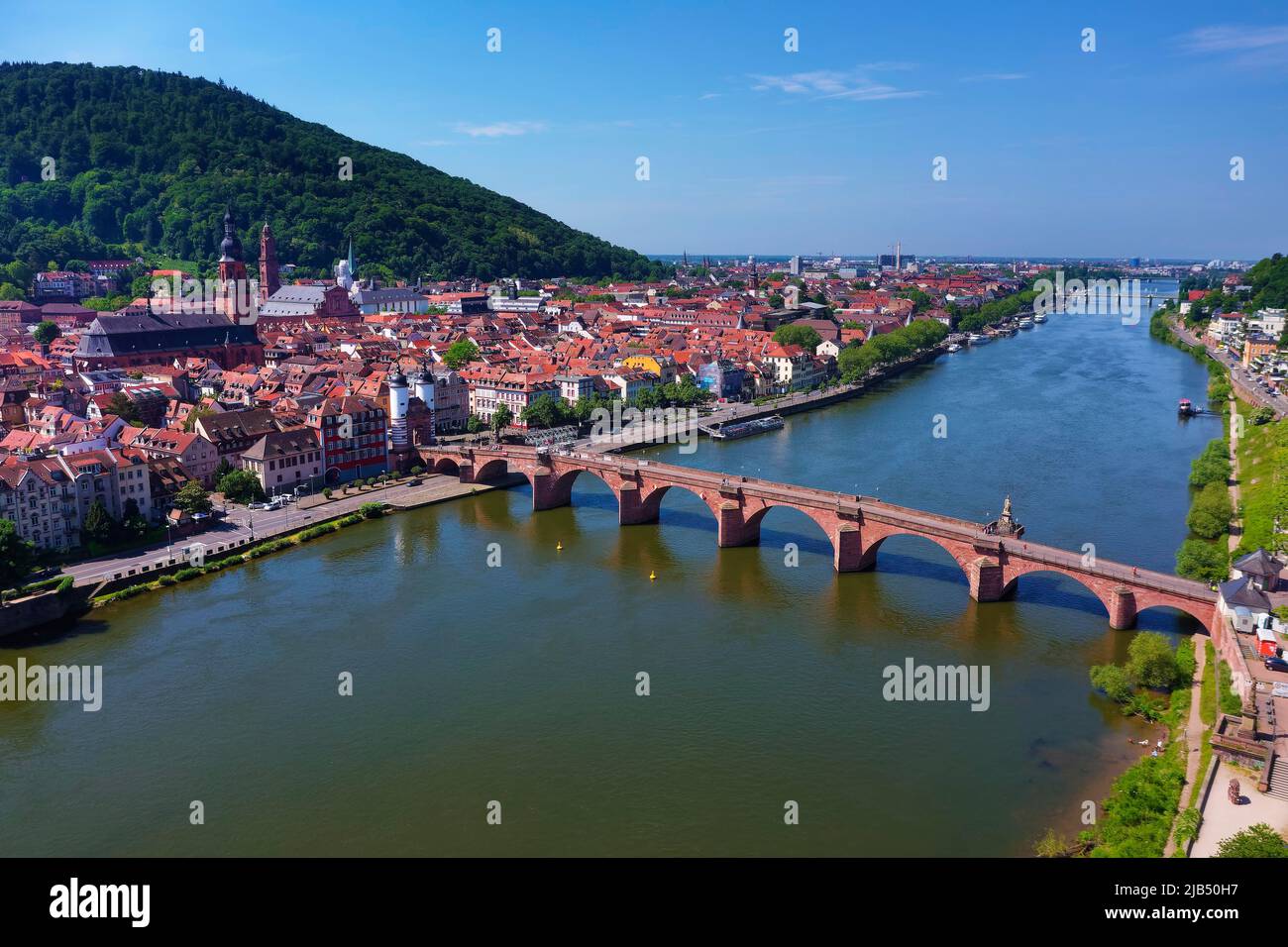 Aerial view, Old Bridge, Baroque, built 1788, river Neckar, on the left ...