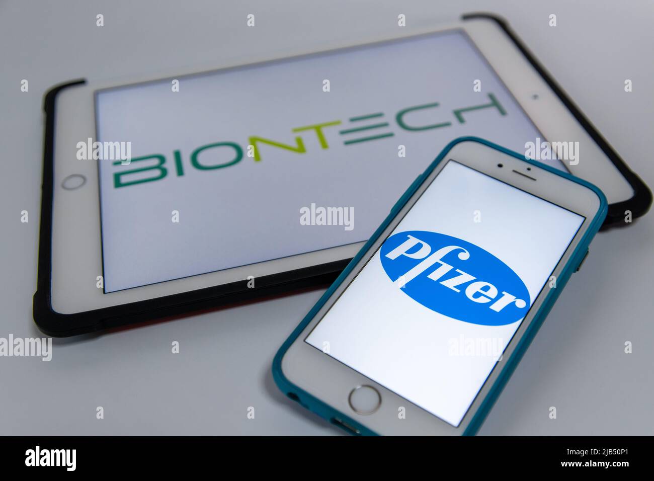Kumamoto / JAPAN - Nov 11 2020 : Pfizer & BioNTech logos on iPhone ...