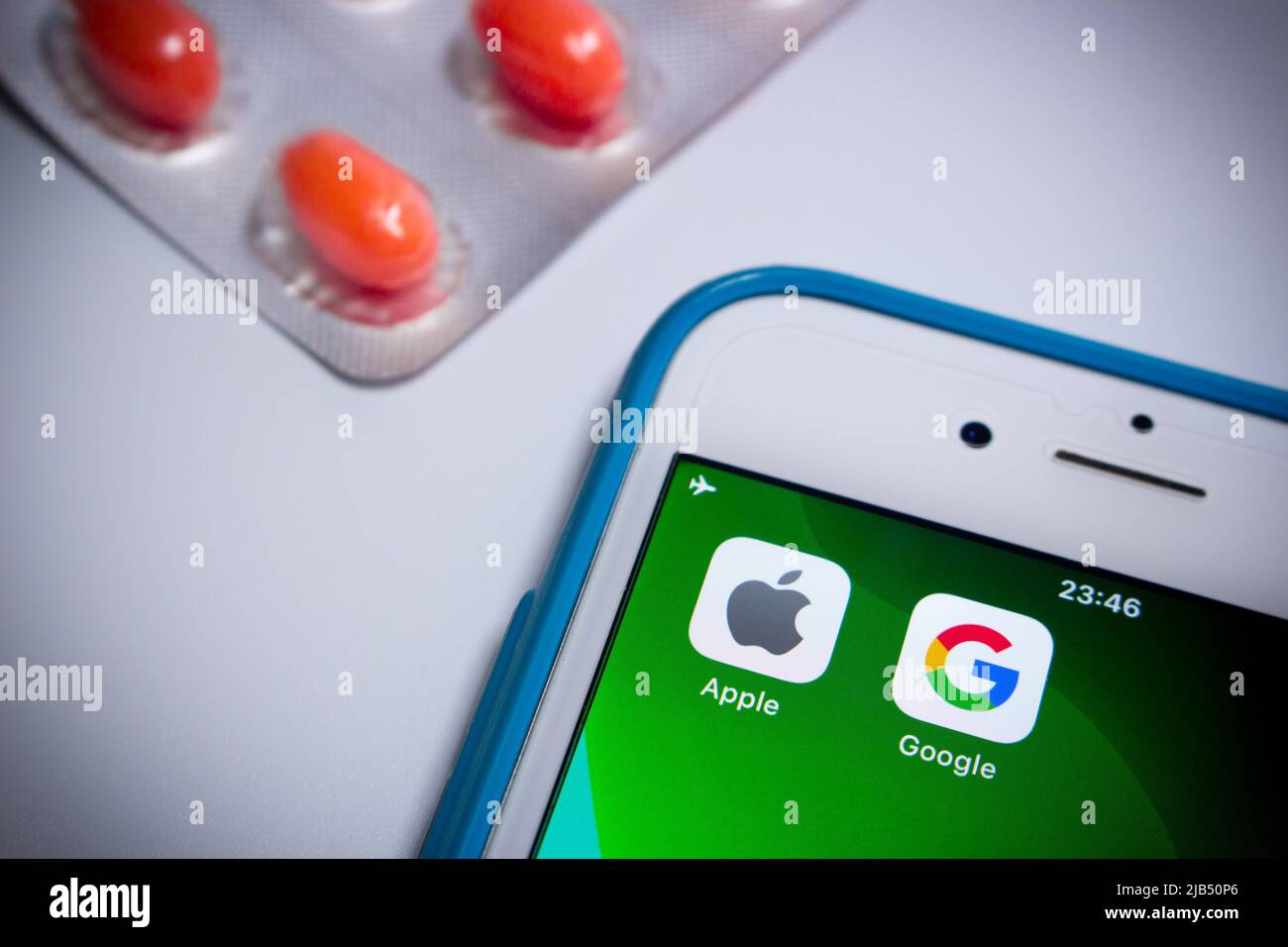 Kumamoto, Japan - May 7 2020 : Concept image of Apple & Google logo on ...