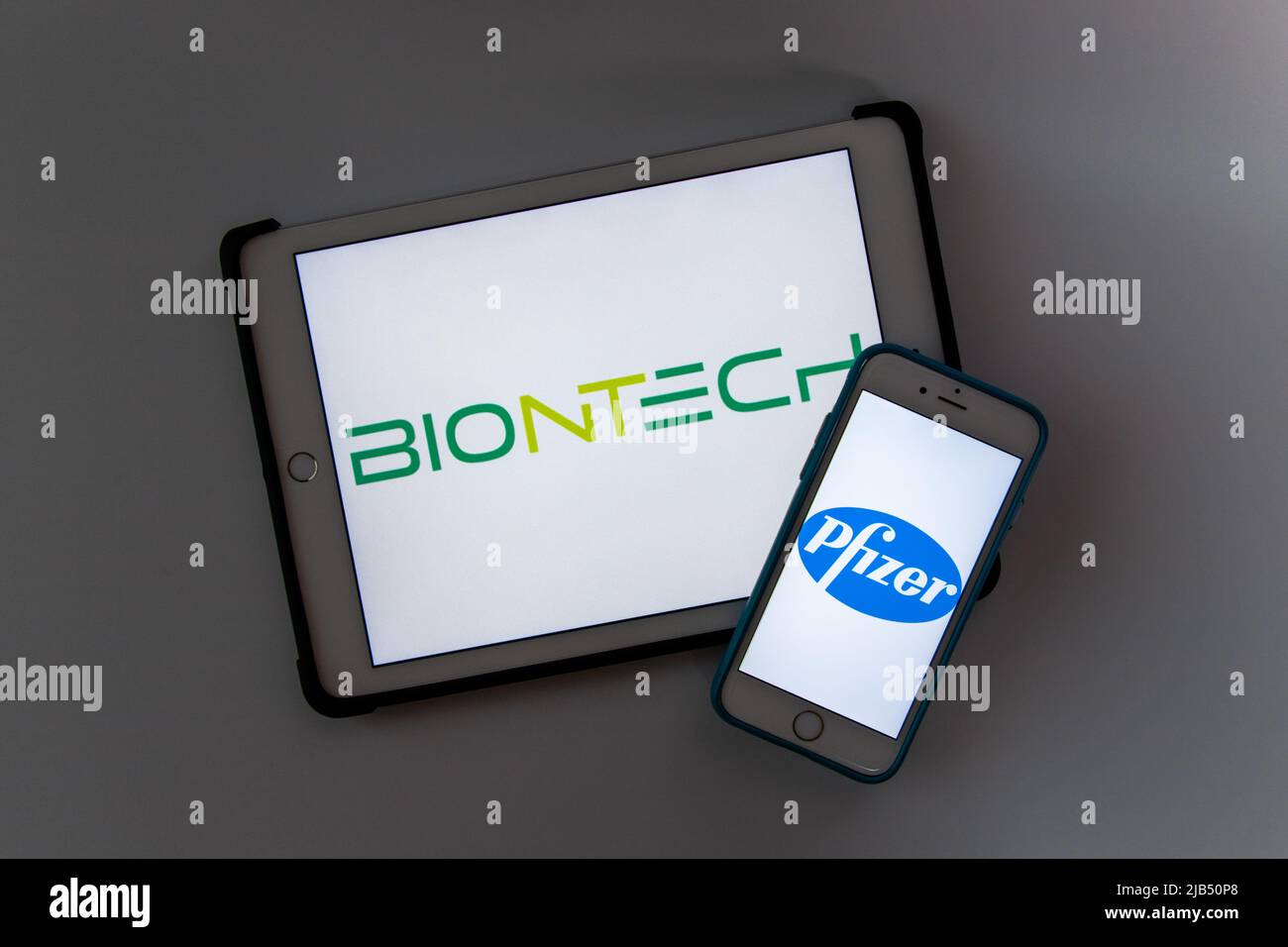 Kumamoto / JAPAN - Nov 11 2020 : Pfizer & BioNTech logos on iPhone ...