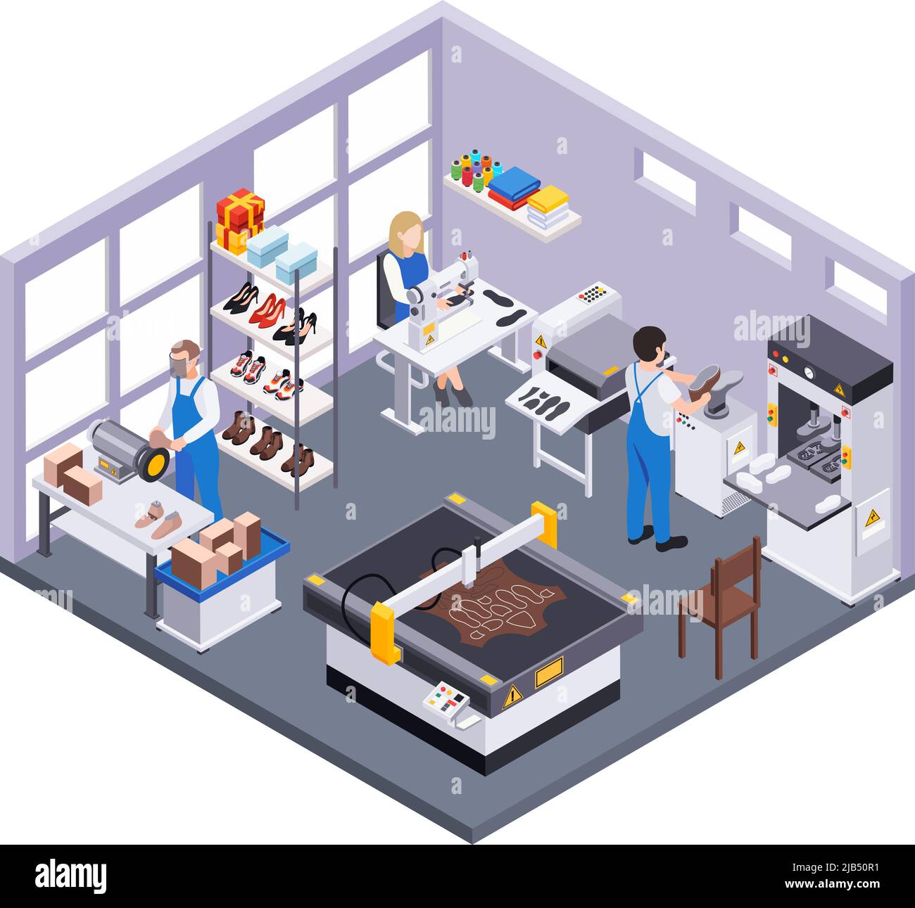 Footwear shoes production isometric composition with indoor view of ...