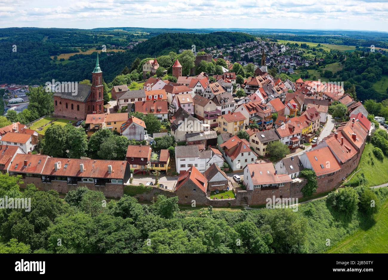Aerial view, castle, Bergfeste Dilsberg am Neckar, high medieval ...