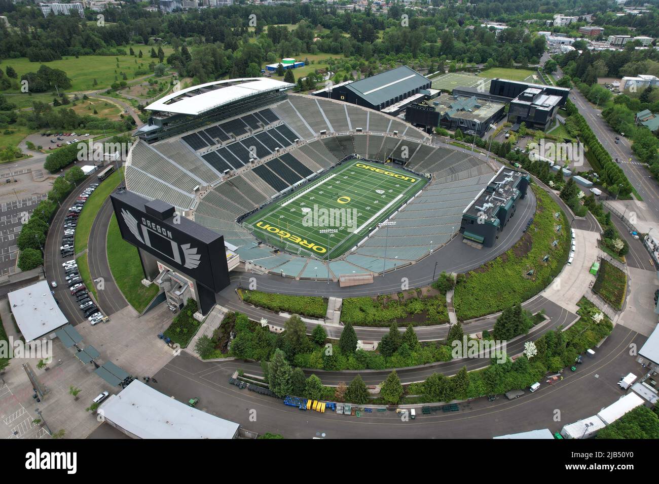 A general overall aerial view of Autzen Stadium, the home of the Oregon ...