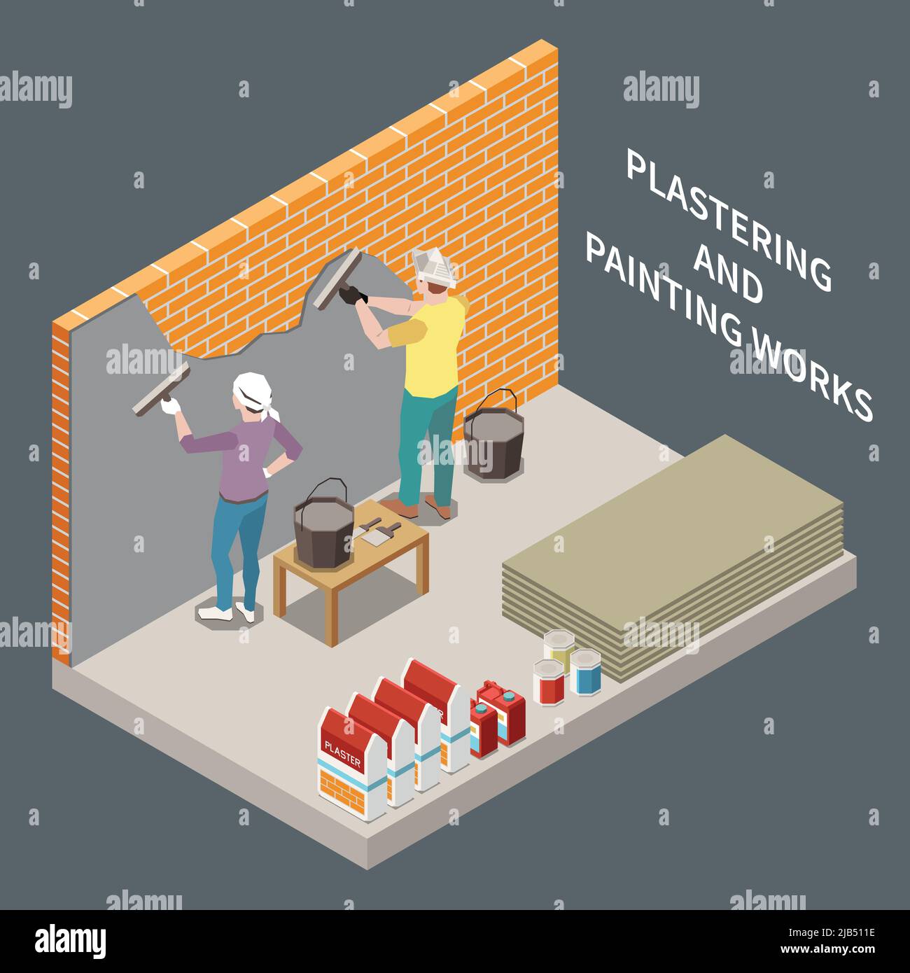 Isometric room renovation concept with two people plastering and ...