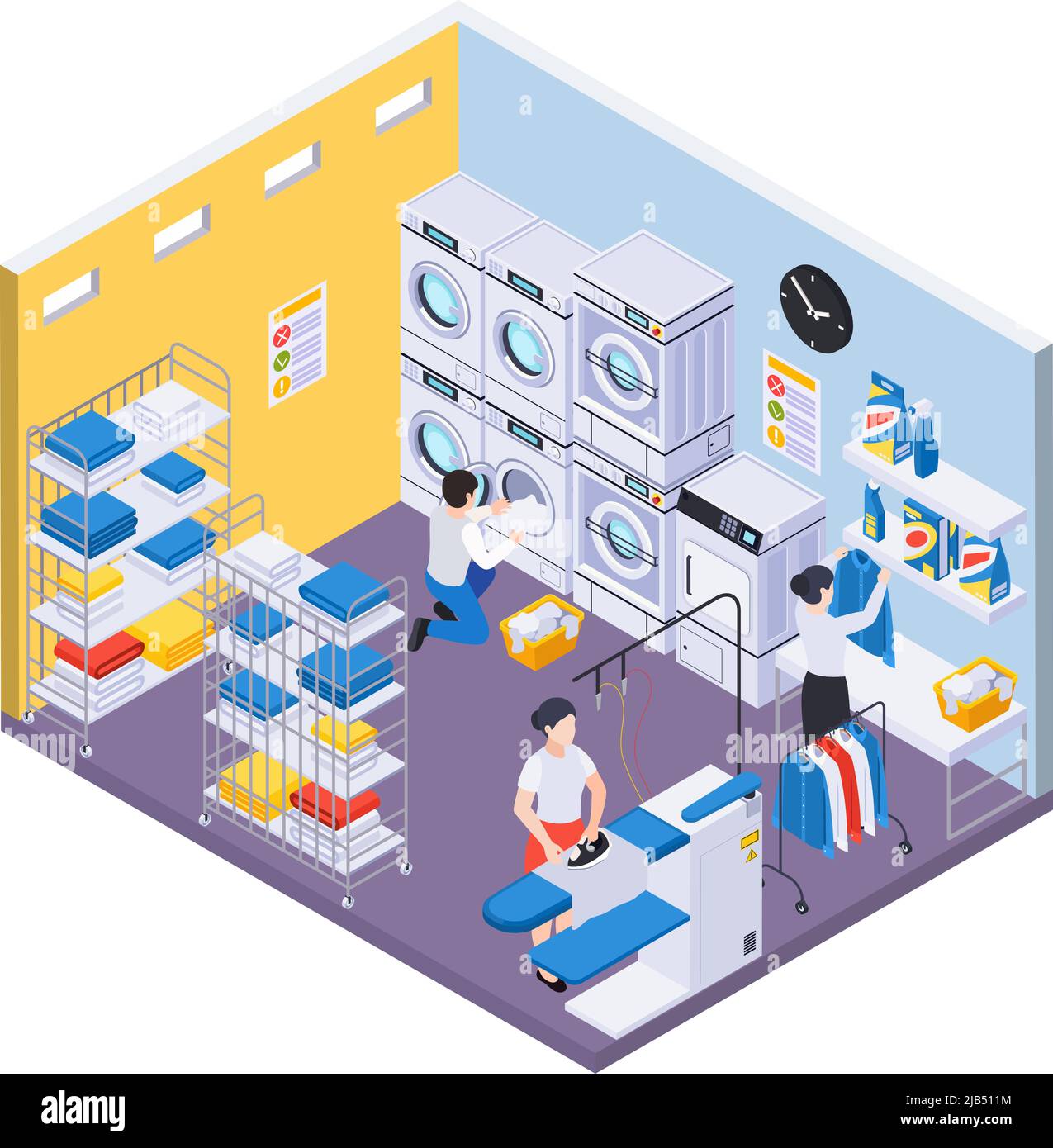 Laundry washing isometric composition with indoor view of room with ...