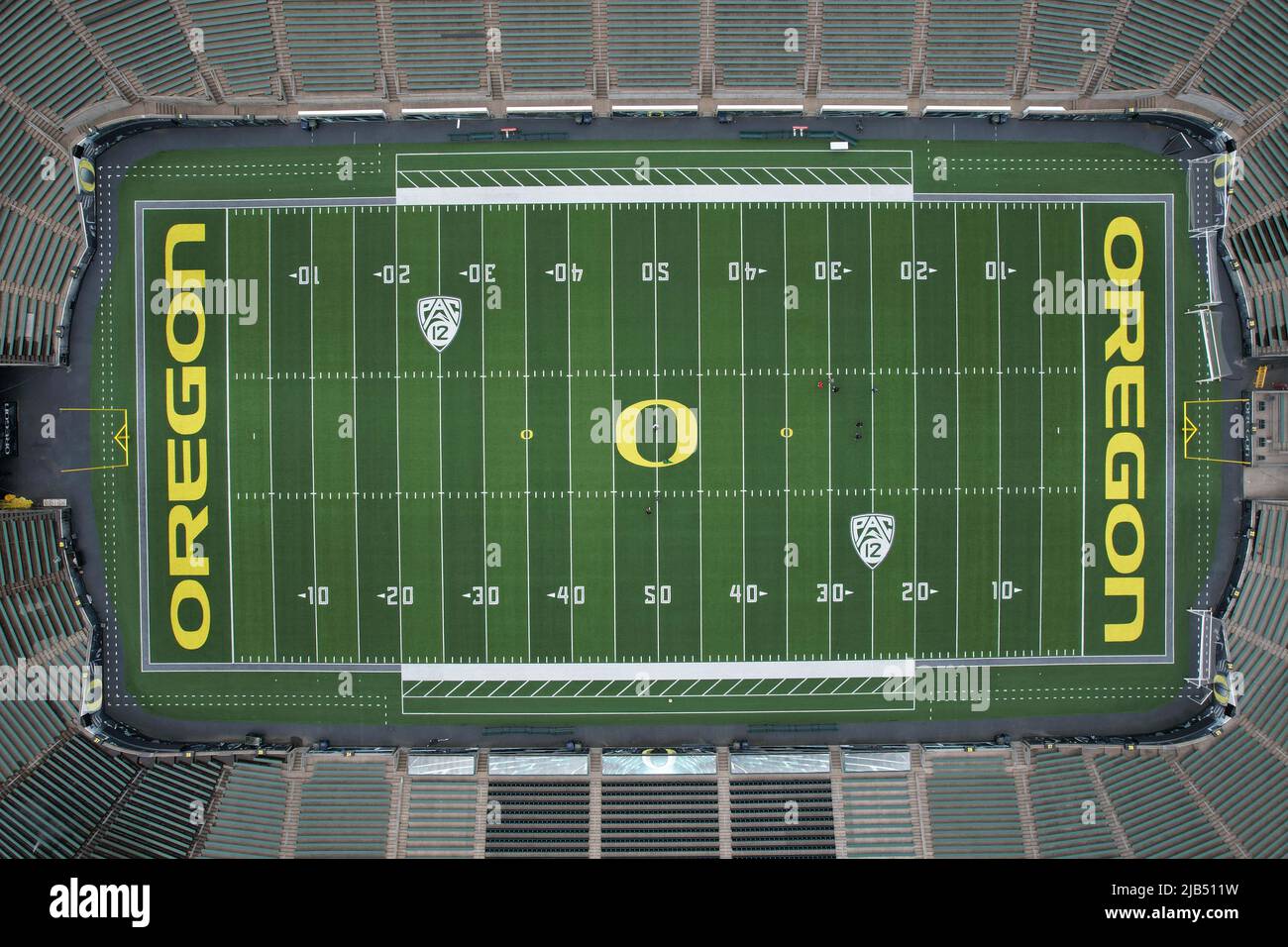 A general overall aerial view of the Oregon Ducks logo at midfield of ...