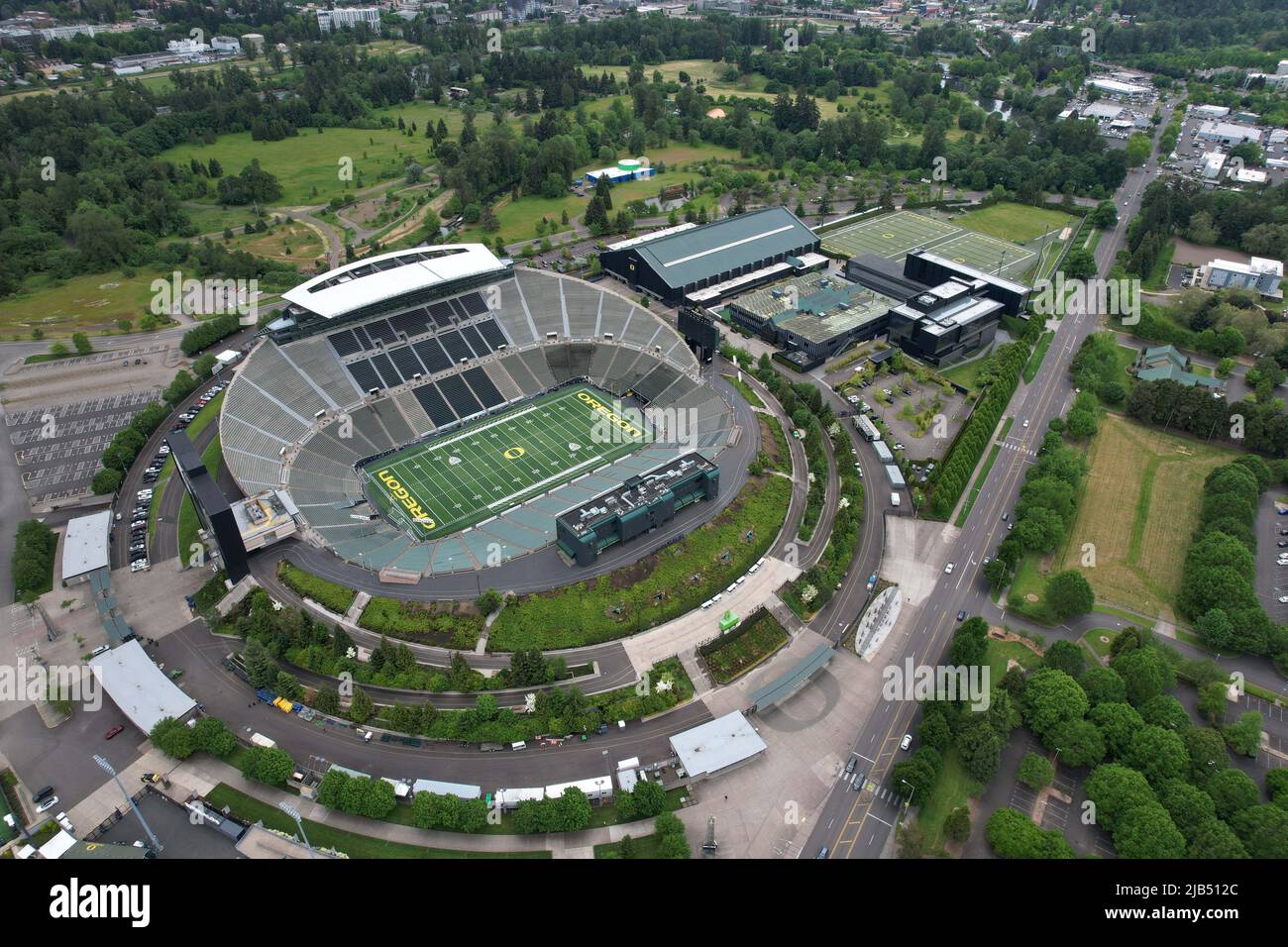 A general overall aerial view of Autzen Stadium and the Hatfield ...