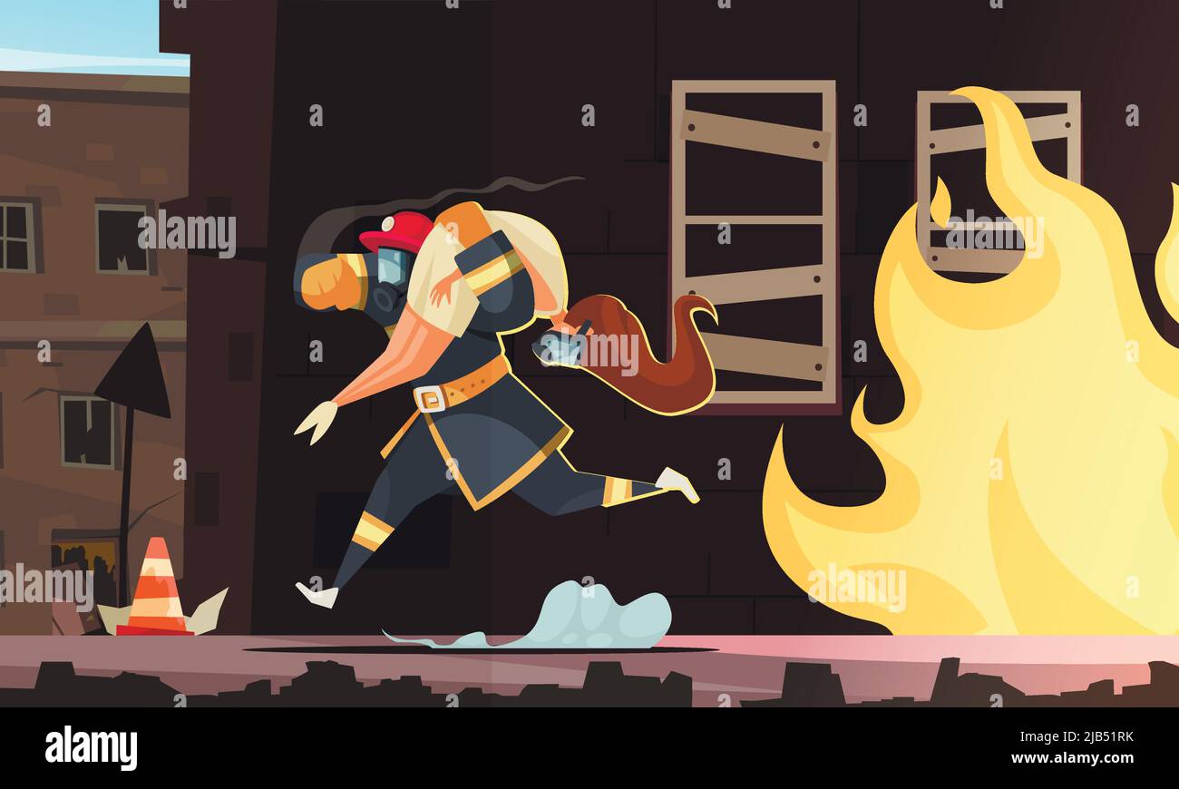 Cartoon fireman carrying woman in arms saving her from fire vector ...