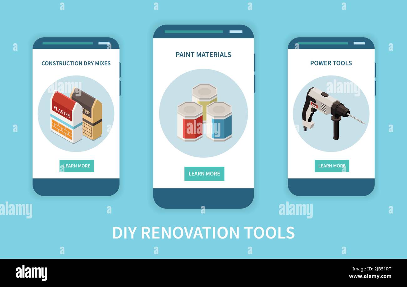 Isometric set of three isometric diy banners with tools and materials ...