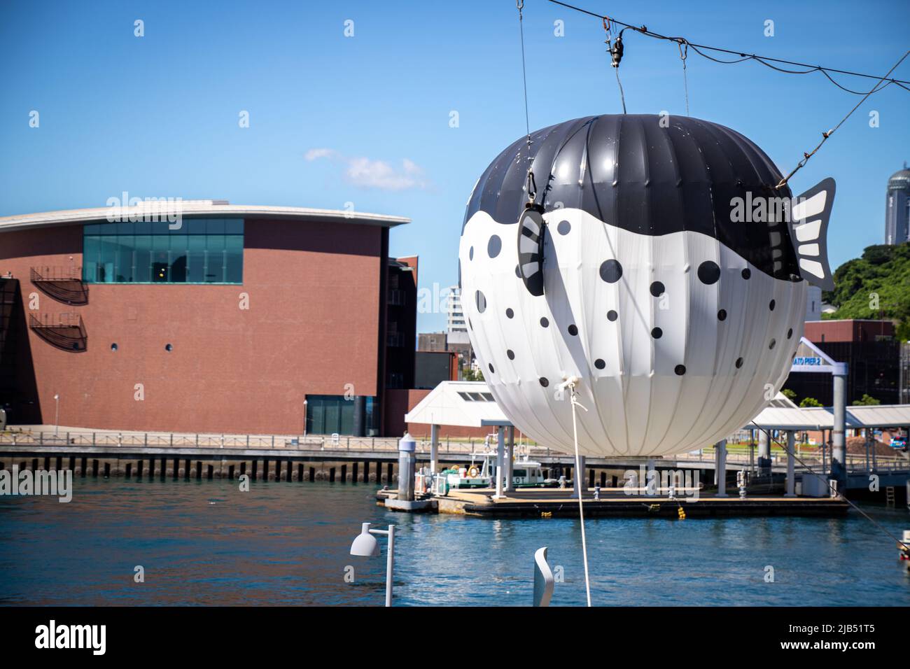 Big Fugu puffer fish lantern monument in Kamon Wharf. Shimonoseki is ...