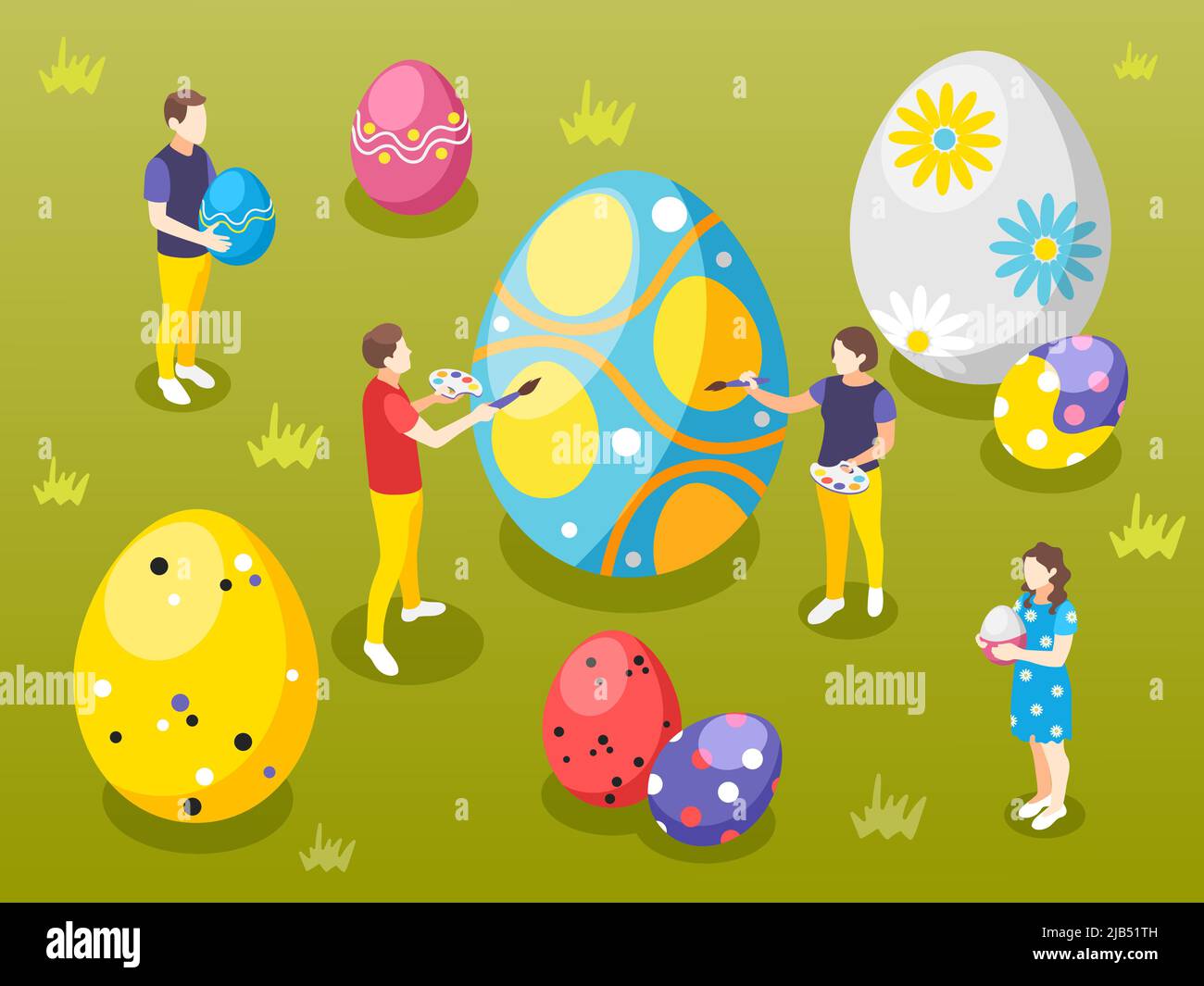 Easter isometric composition with view of grass lawn with human ...