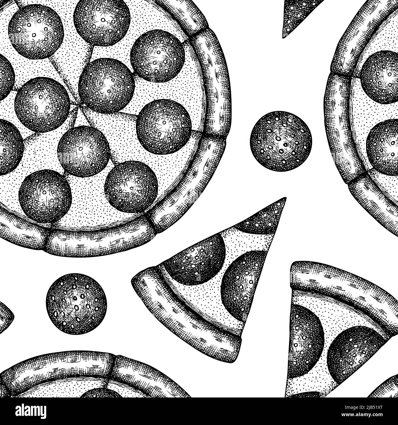 Pizza seamless pattern background design. Engraved style. Hand drawn ...