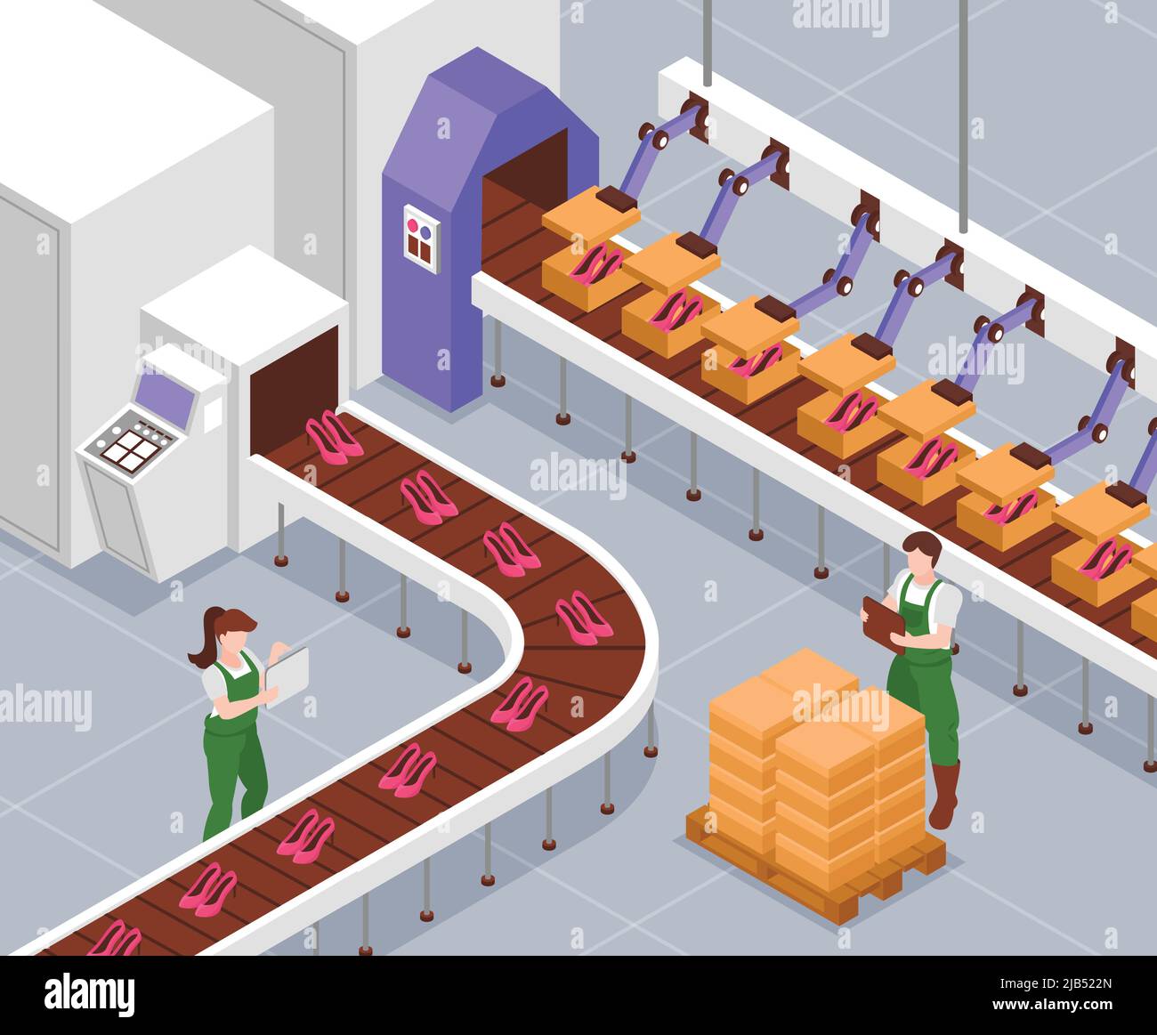 Shoes manufacturing factory with assembly line automated machinery and ...