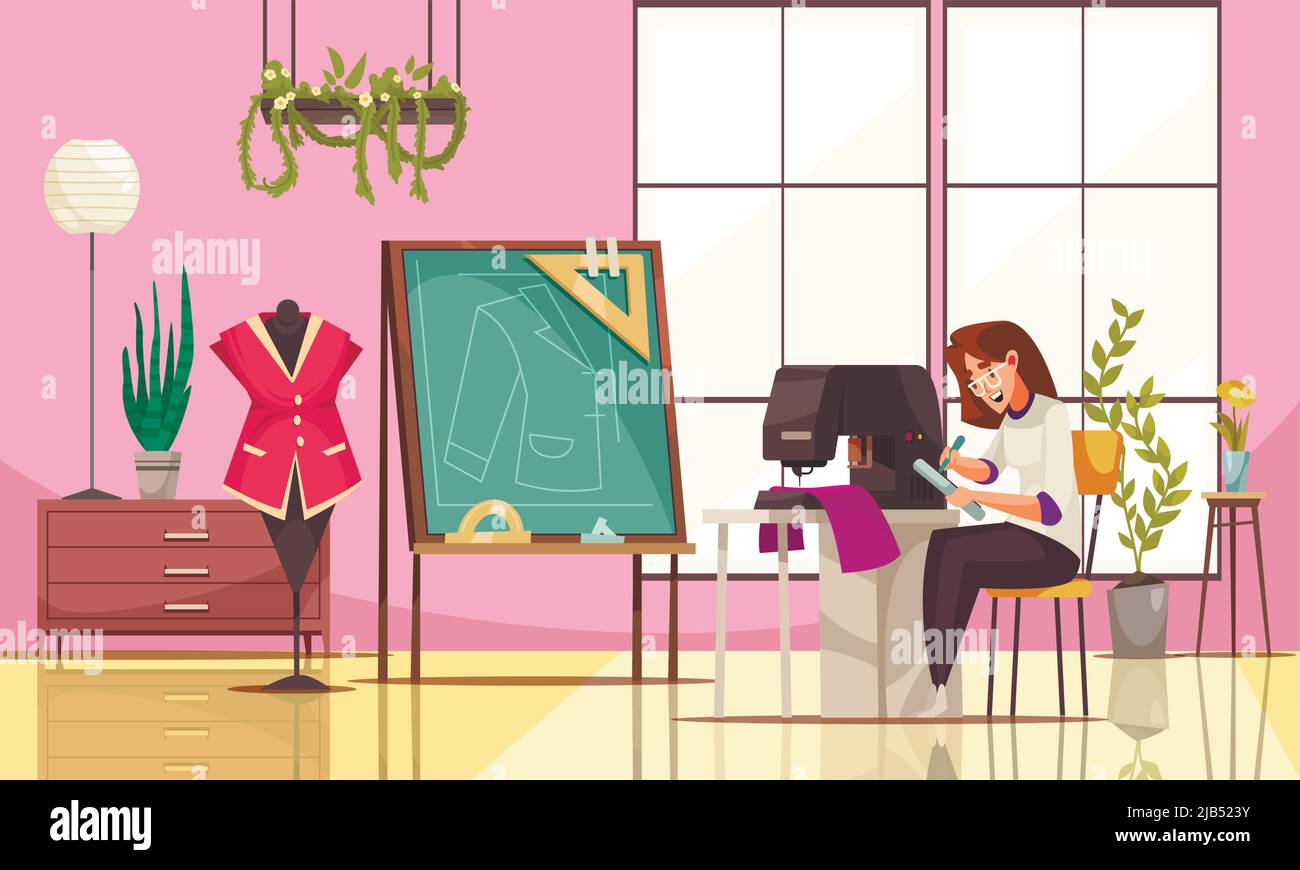 Happy young seamstress using sewing machine in modern studio cartoon ...