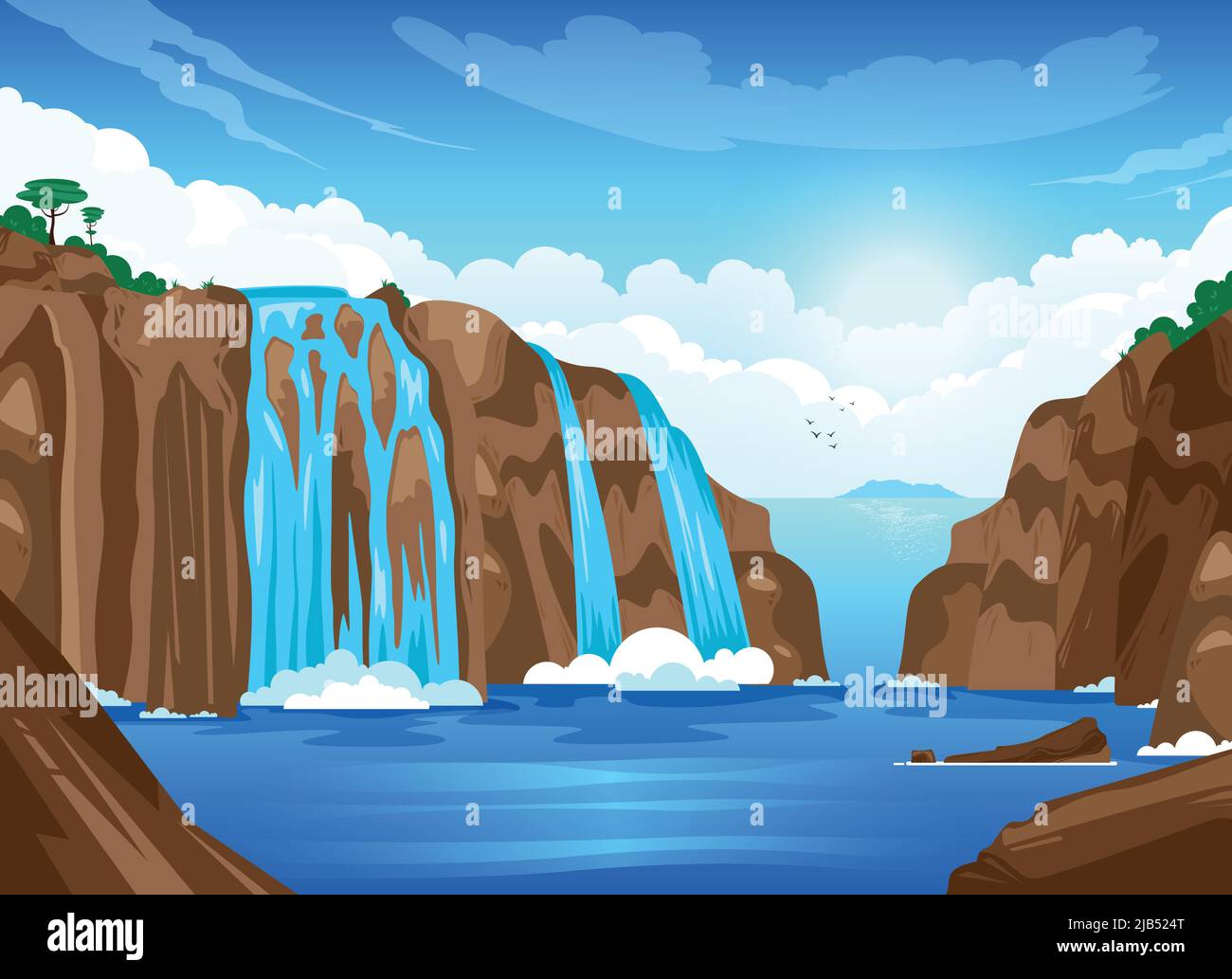 Nature landscape with waterfall streams flowing from cliff cartoon ...