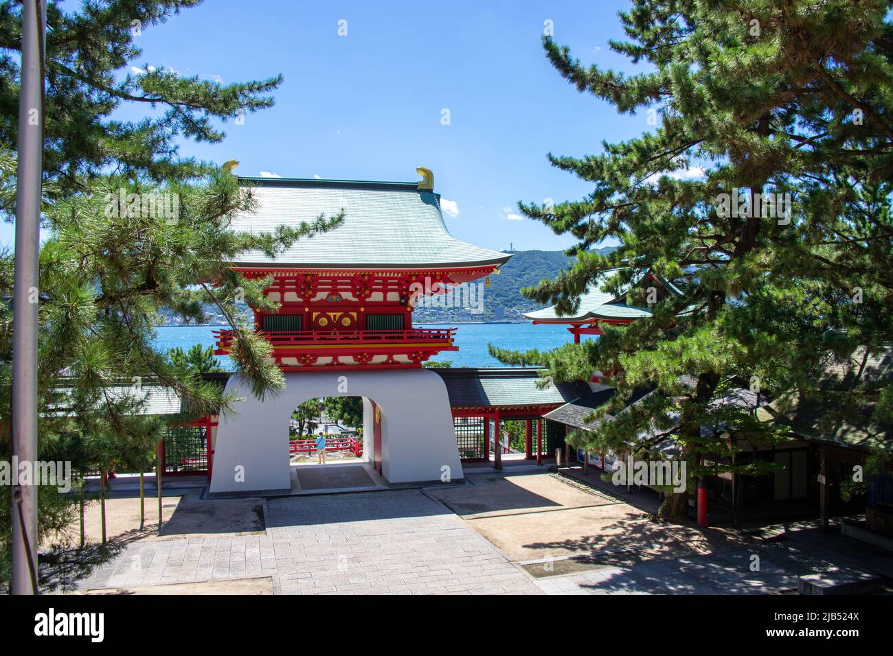 Akama Shrine in sunny day. The shrine is situated on the waterfront of ...