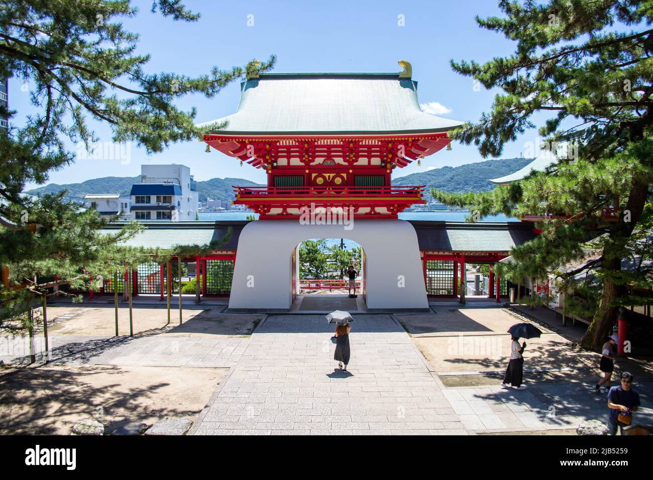 Akama Shrine in sunny day. The shrine is situated on the waterfront of ...