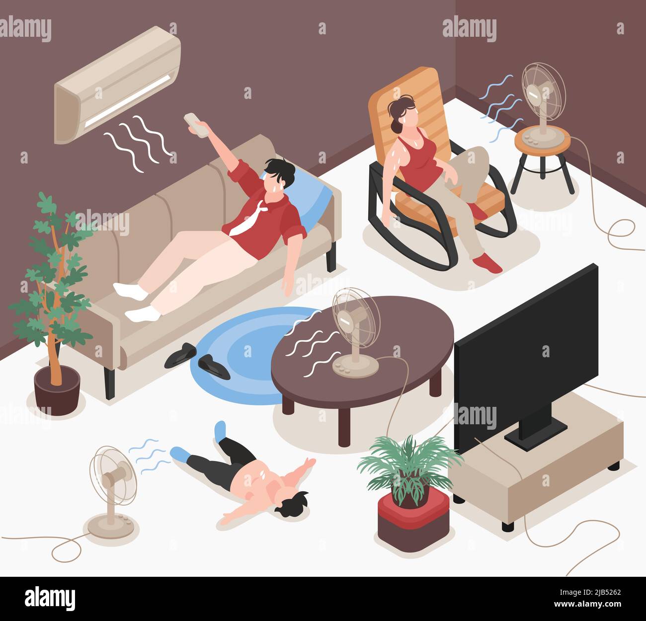 Overheated characters using air conditioner and electric fans at home ...