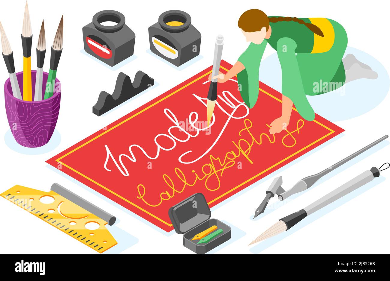 Hobby calligraphy isometric background with female character writing ...