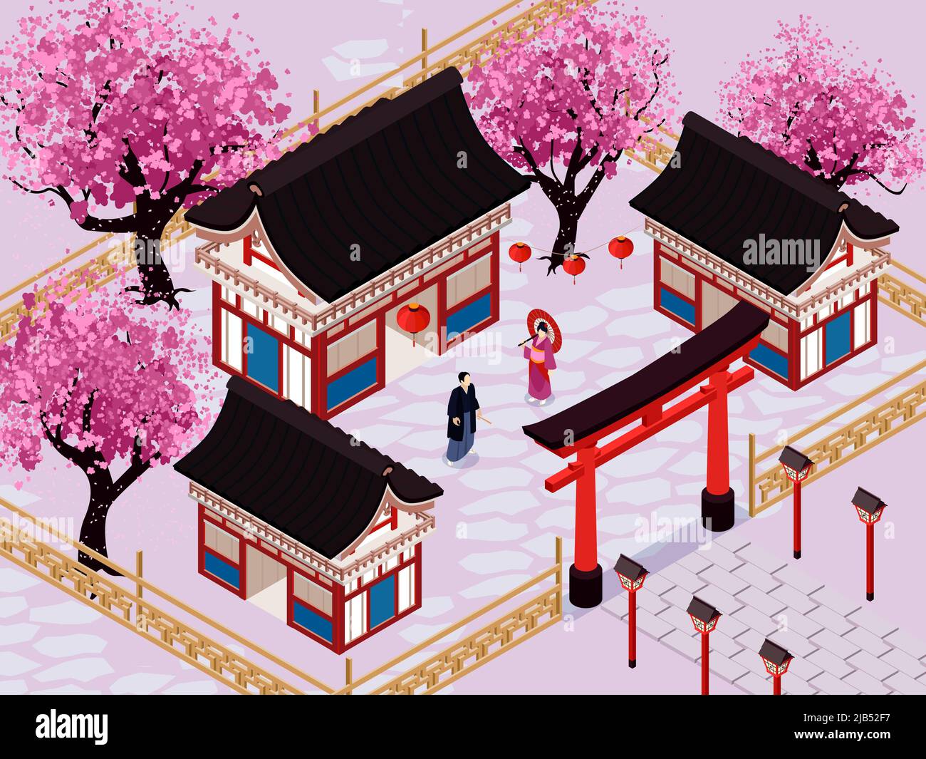 Isometric japan composition Traditional Japanese garden with sakura ...