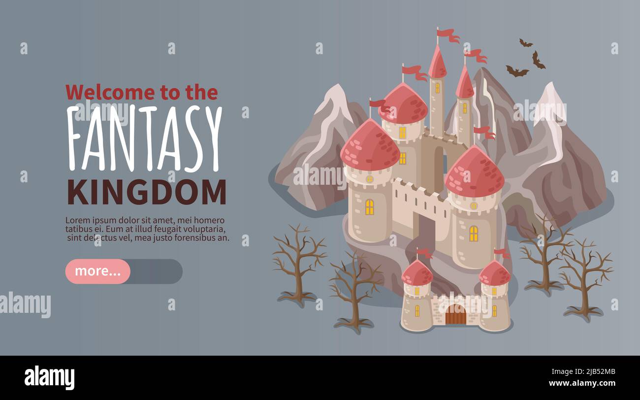 Fantasy kingdom isometric banner with old castle dead trees and bats ...