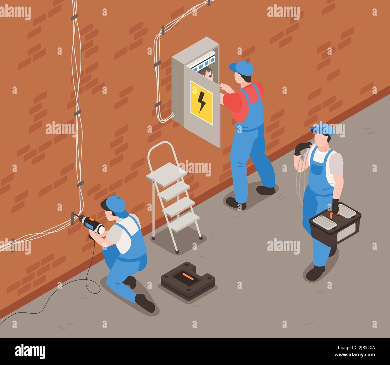 Electrician isometric background with equipment uniform and job symbols ...