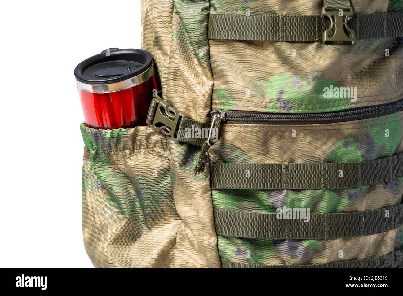 Reusable steel thermo cup in military backpack Stock Photo - Alamy