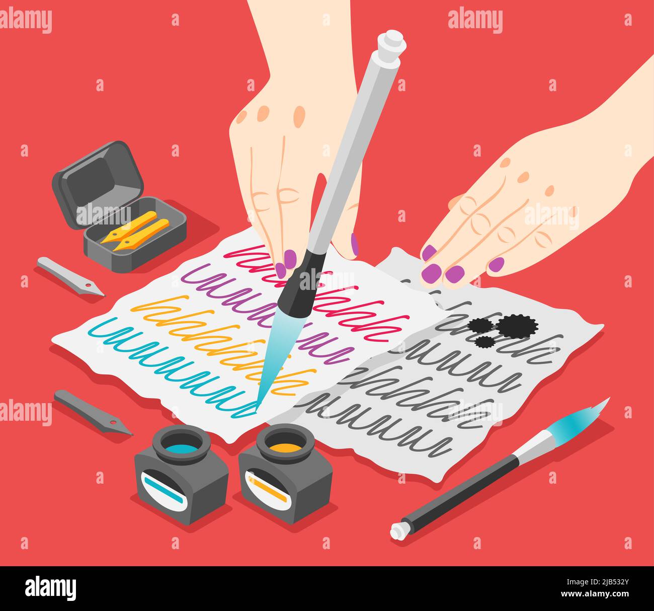 Hobby calligraphy isometric background composition with human hands ...