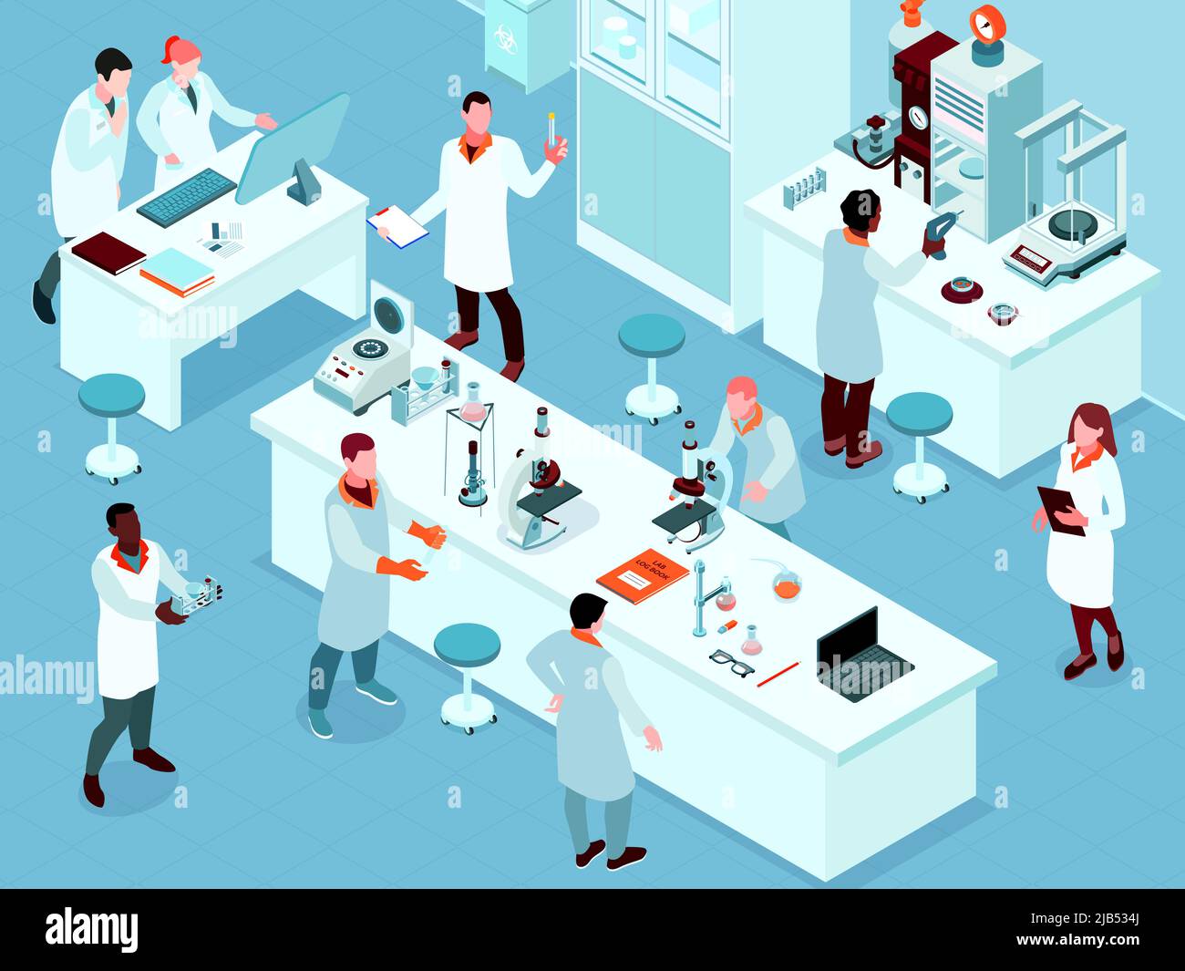 Colored and isometric science laboratory composition with group of ...