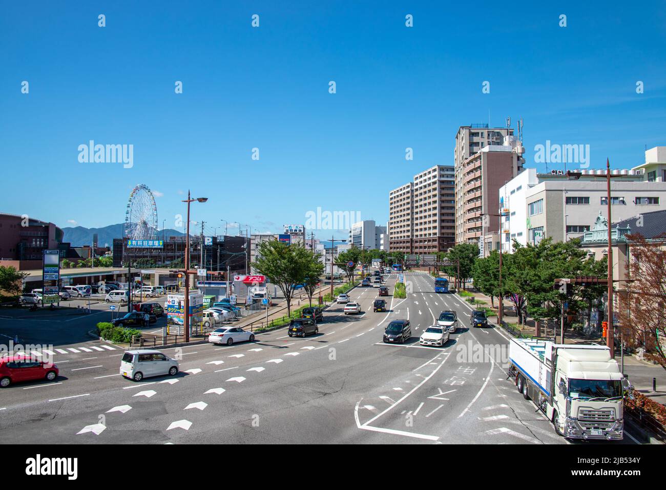 Karato, the downtown area of the city of Shimonoseki, in sunny day. It ...