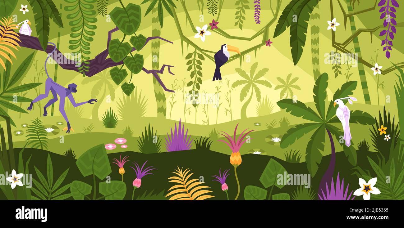 Jungle landscape flat composition with horizontal view of tropical ...