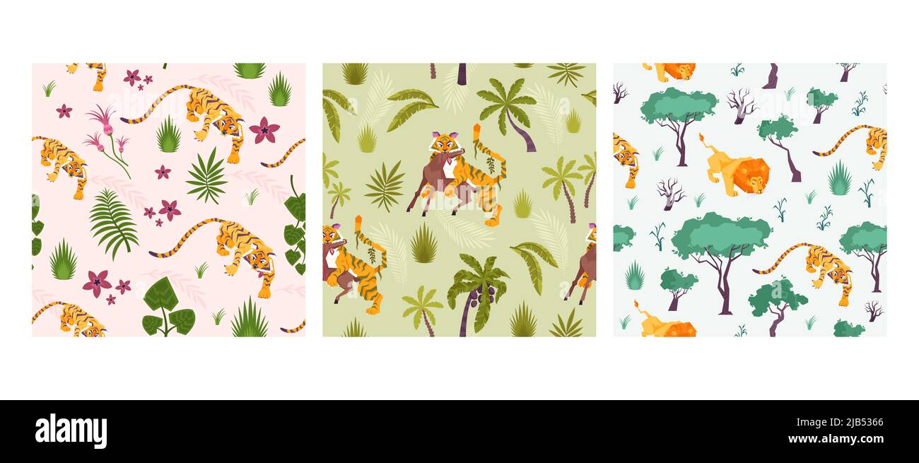 Set of three square patterns with flat images of tigers lions and ...