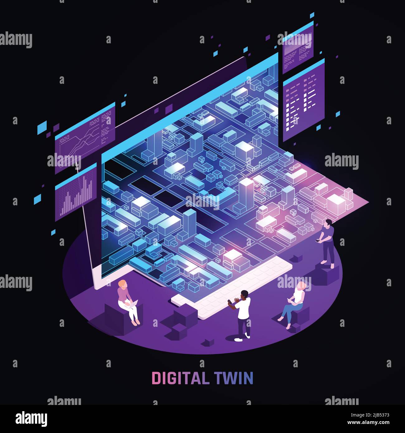 Digital twin technology smart city infrastructure simulation analysis glowing dark circular ...