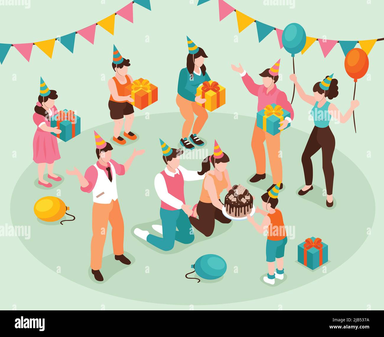 Birthday congratulation concept with children presents and cake ...